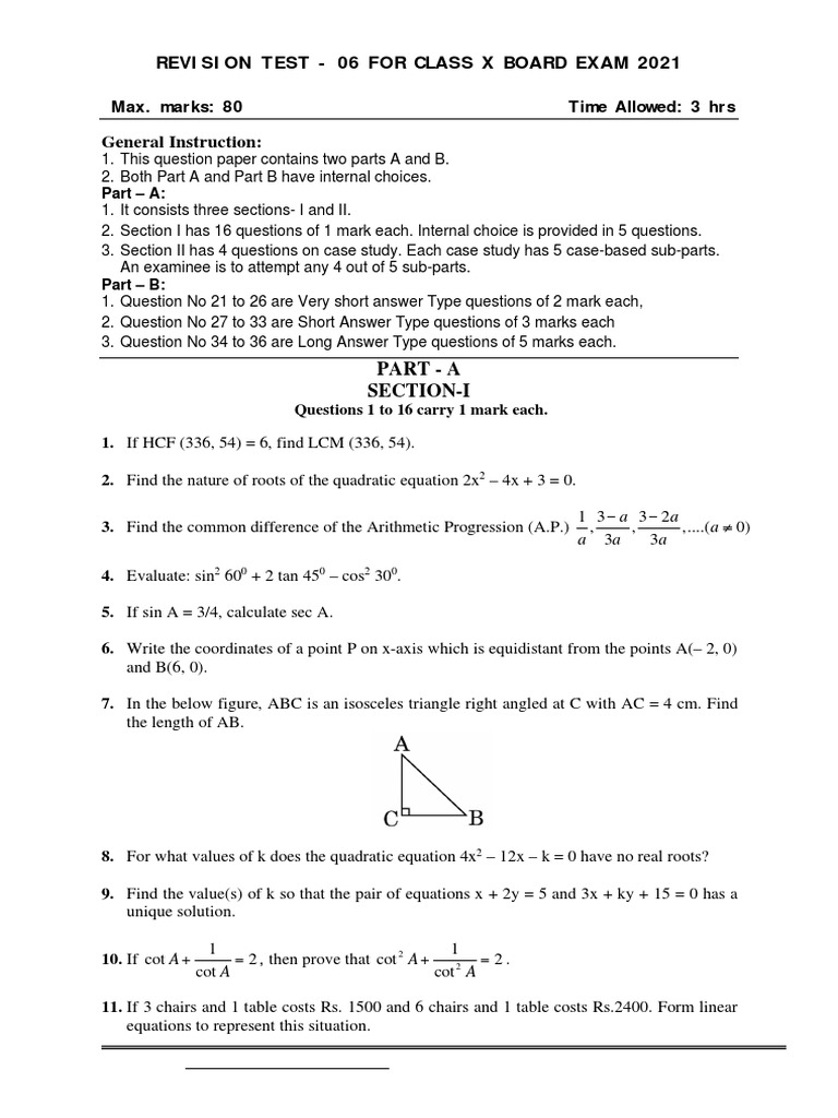 Maths Revision Test Paper 06 For Board Exam 2021. (Chapter 01 To 13 ...