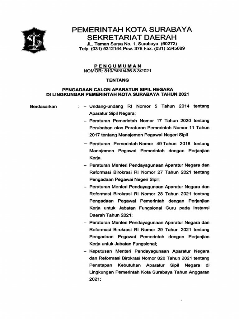 Pengumuman Seleksi Casn Pemkot Surabaya Tahun 2021 | PDF