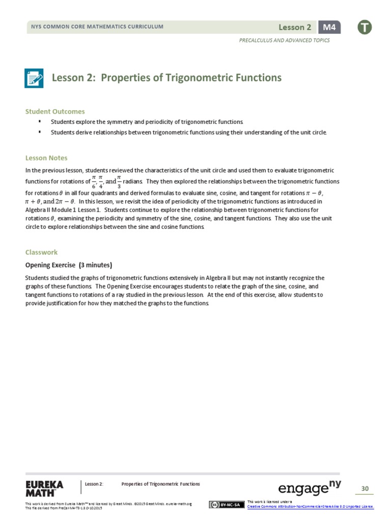Lesson 2: Properties of Trigonometric Functions: Student Outcomes | PDF ...
