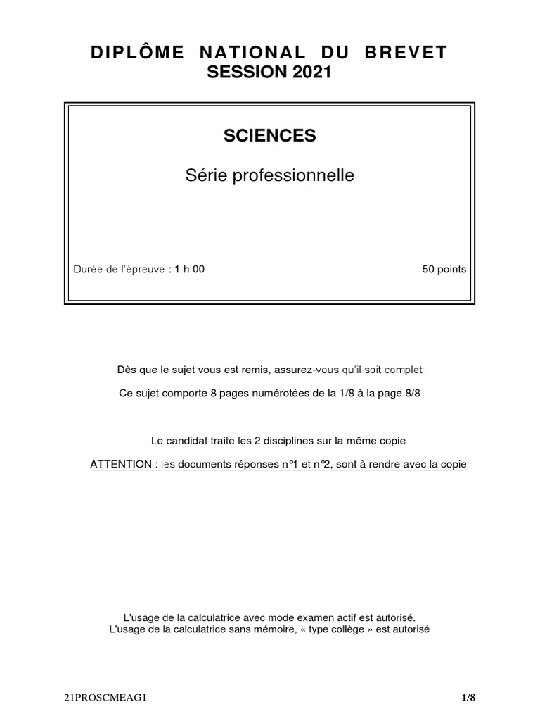 DNB Brevet 2021 - Sciences - Série Professionnelle | PDF | Plaie | Rotation