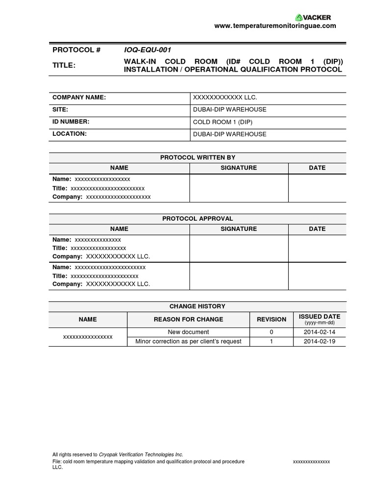 Protocol # Title: Walk-In Cold Room (Id# Cold Room 1 (Dip) ) Installation / Operational ...