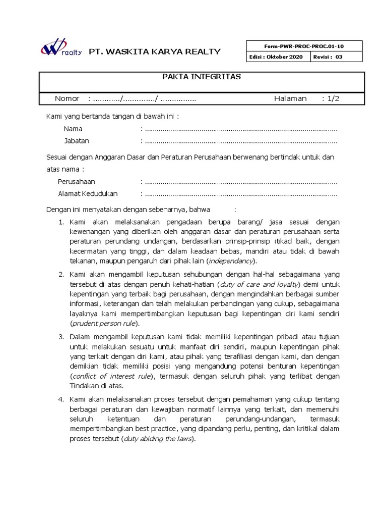 FORM 01-10 Pakta Integritas | PDF