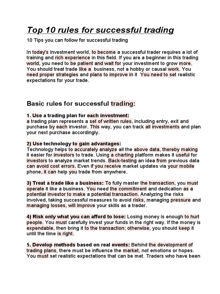 Top 10 Rules For Successful Trading | PDF | Investor | Risk