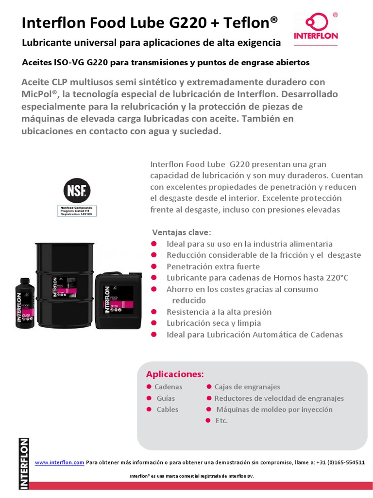 Interflon Food Lube G220 | PDF | Lubricante | Engranaje