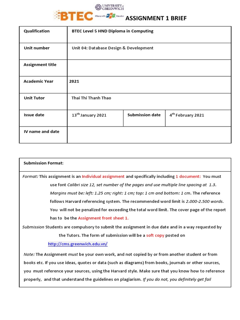 Assignment 1 Brief: Qualification BTEC Level 5 HND Diploma in Computing ...