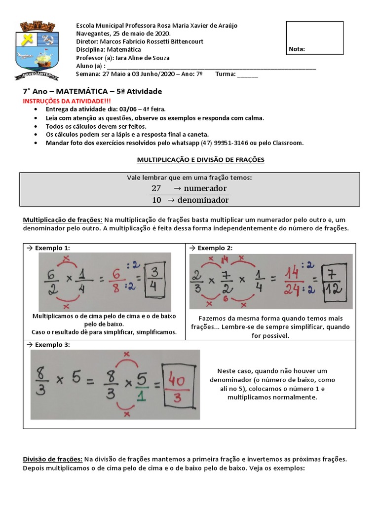 Atividade de Frações: Multiplicação e Divisão | PDF | Aritmética ...