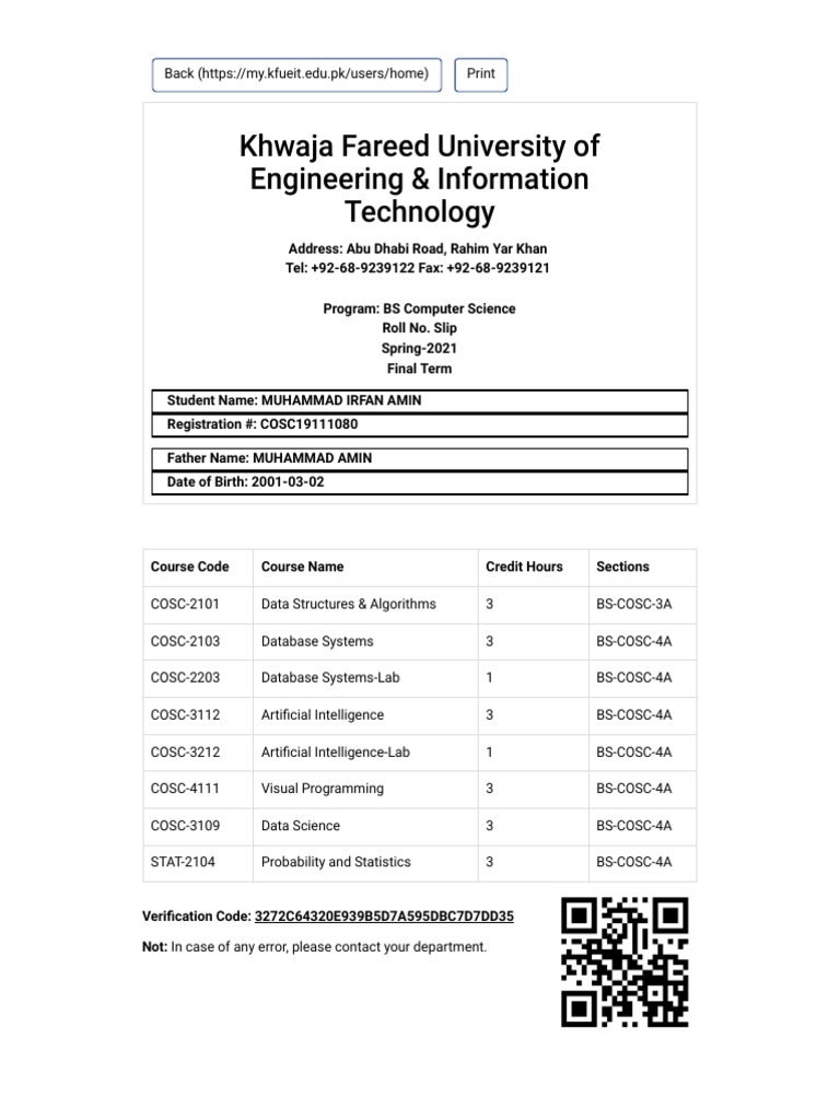KFUEIT BS Computer Science Roll No. Slip Spring 2021 | PDF