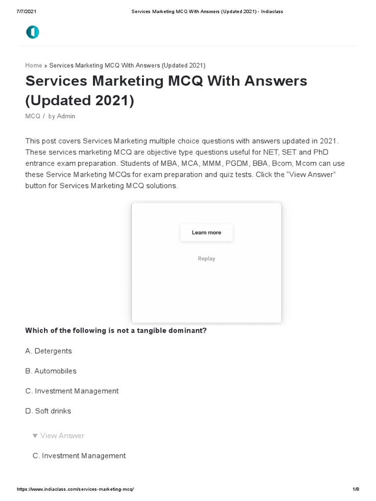 Services Marketing MCQ With Answers (Updated 2021) | PDF | Multiple ...