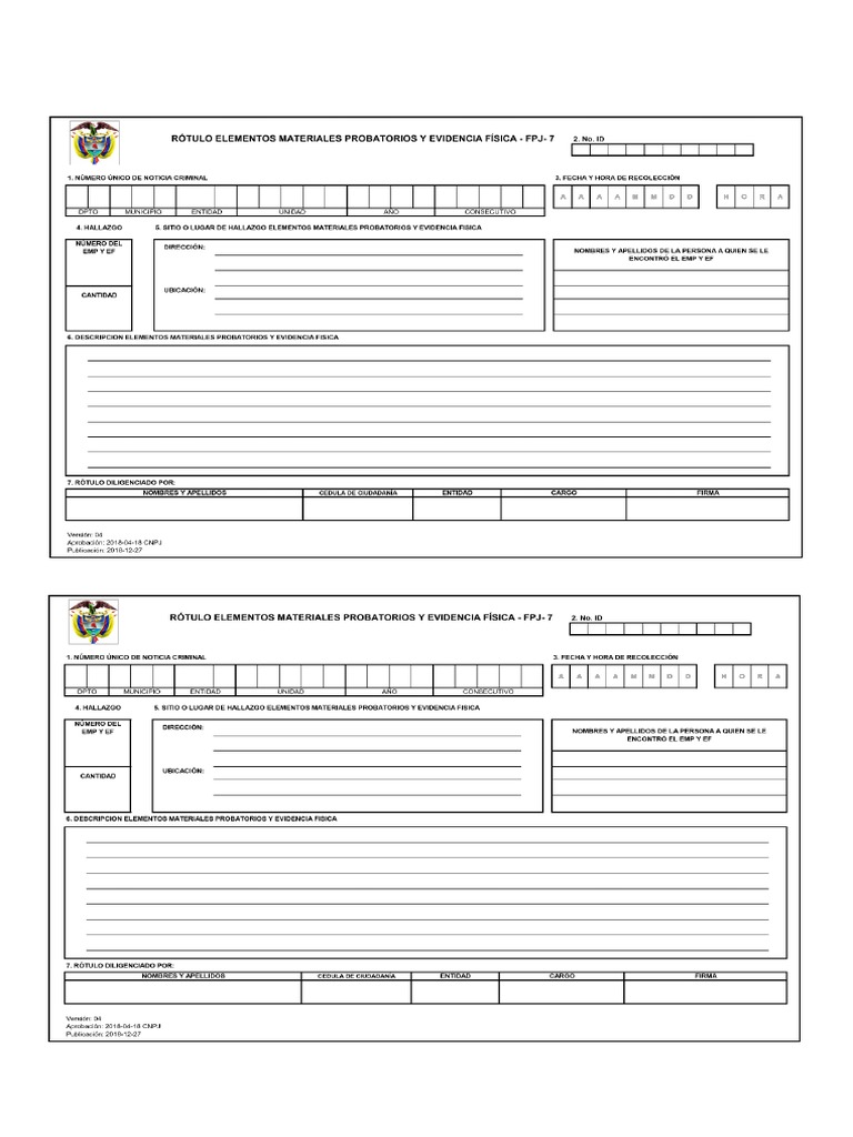 Rótulo Elementos Materiales Probatorios y Evidencia Física Actualizado ...