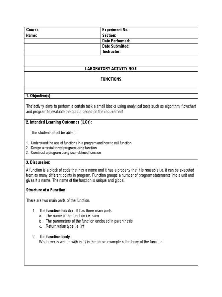 Functions Lab Report | PDF | Subroutine | Parameter (Computer Programming)