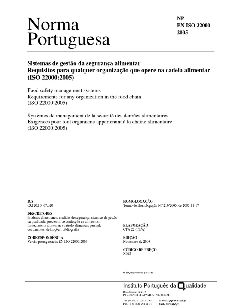 NP en Iso 22000 - 2005 | PDF | Análise de perigos e pontos críticos de ...