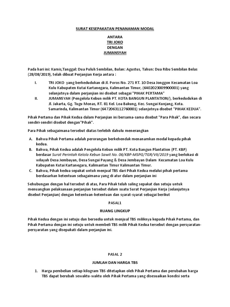 Surat Kesepakatan Penanaman Modal Sawit Pdf