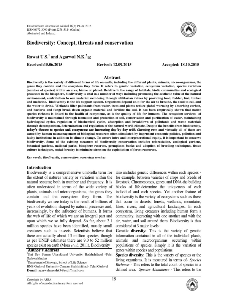 Biodiversity - Concept - Threats and Conservation - 2015 | PDF ...
