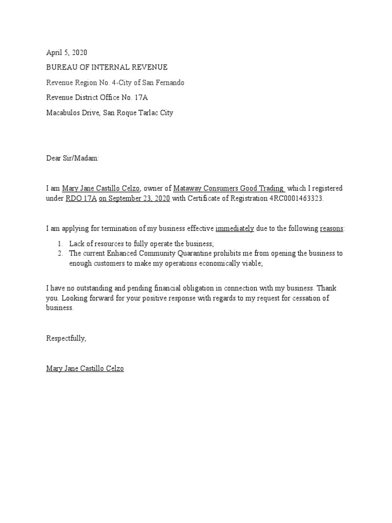BIR Letter Request For Cessation of Business | PDF