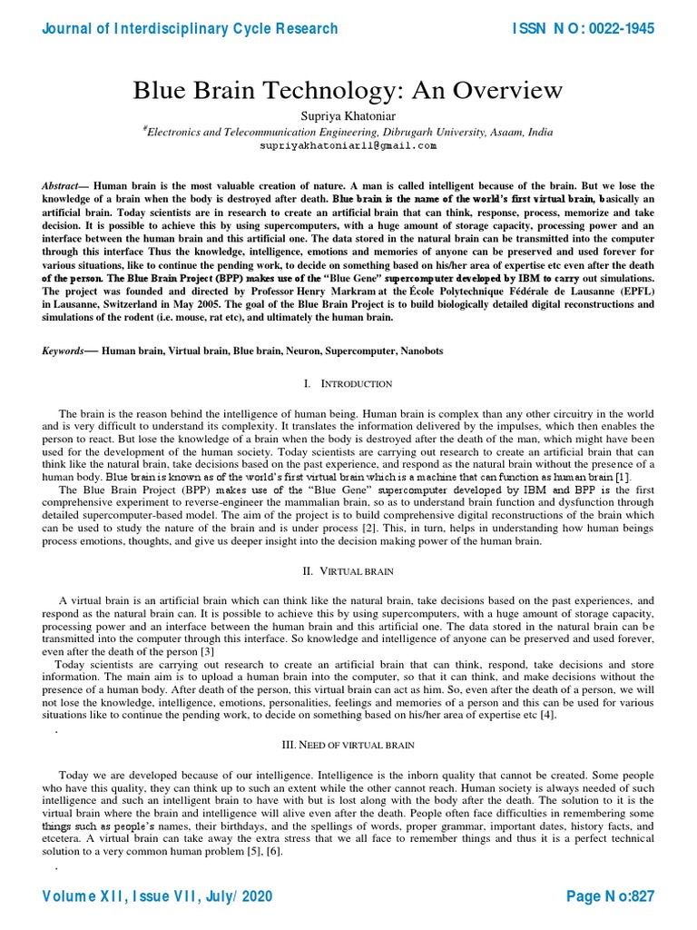 Blue Brain Technology: An Overview | Download Free PDF | Brain | Neuron