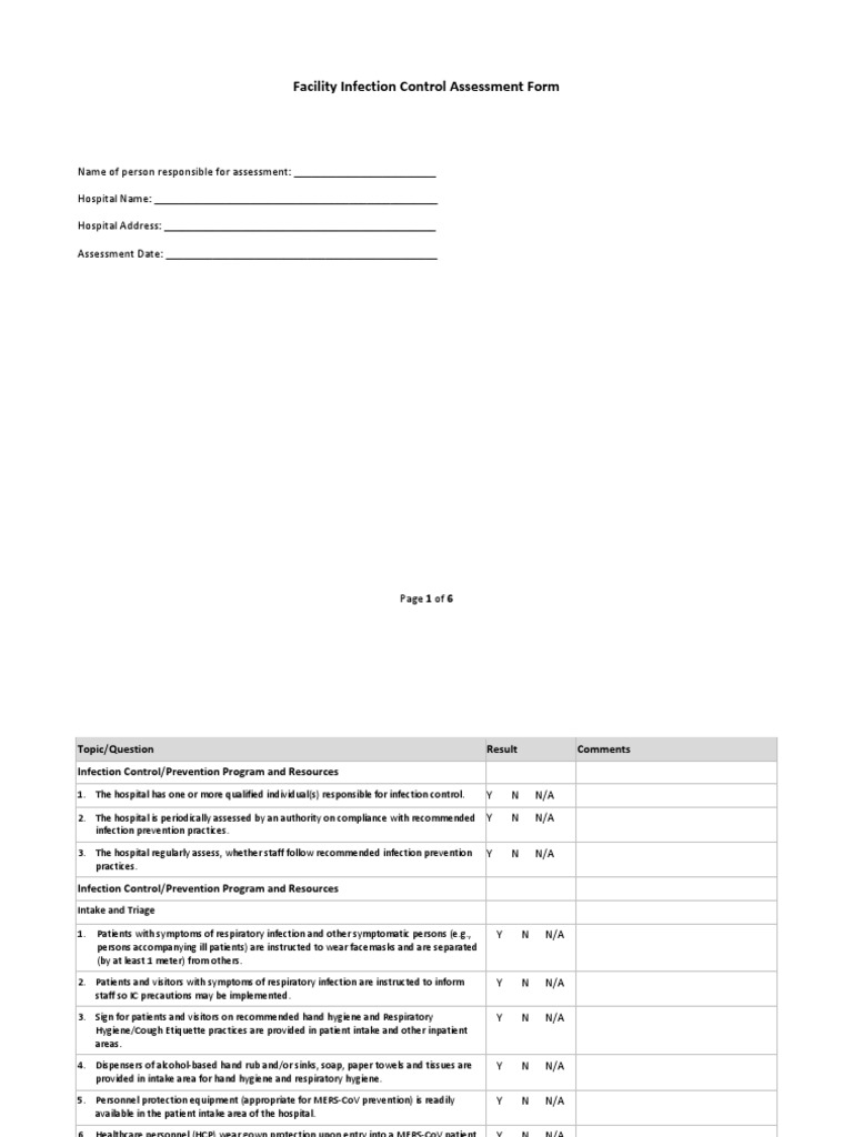 Facility Infection Control Assessment Form | PDF | Personal Protective ...