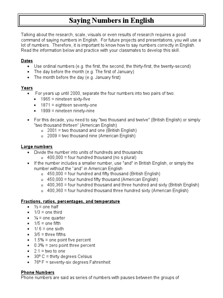 Saying Numbers in English | PDF | Chart | English Language