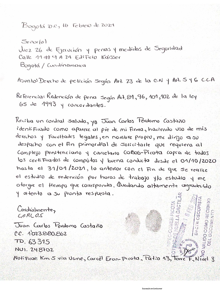 Derecho de Petición Redencion de Pena Juan Carlos Perdomo | PDF Derecho de Petición Redencion de Pena Juan Carlos Perdomo | PDF