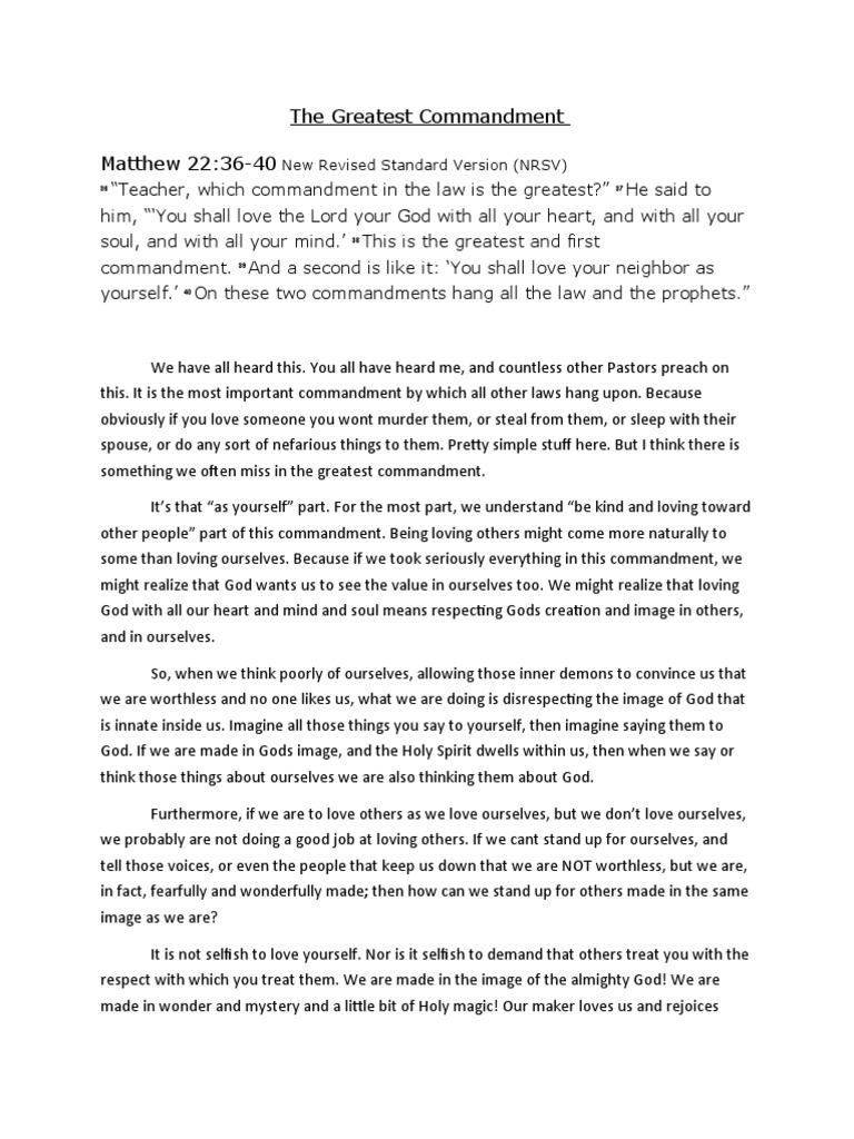 The Greatest Commandment Matthew 22:36-40: New Revised Standard Version ...