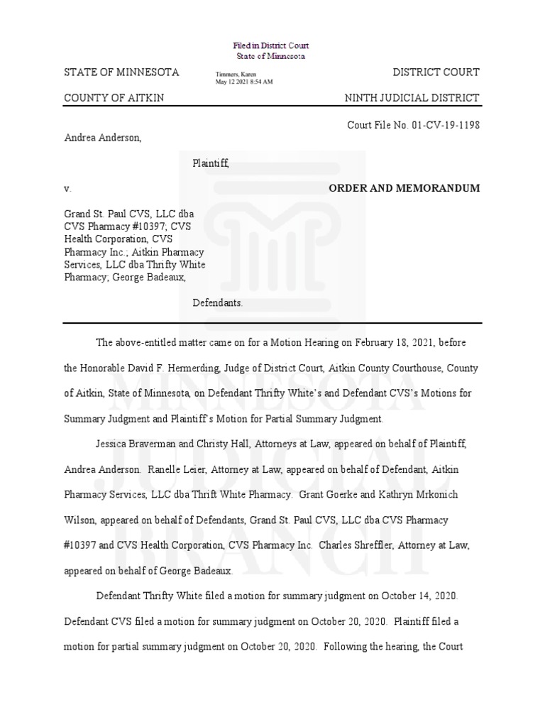 01 CV 19 1198 - Order Denying Motion | PDF | Summary Judgment | Judgment (Law)