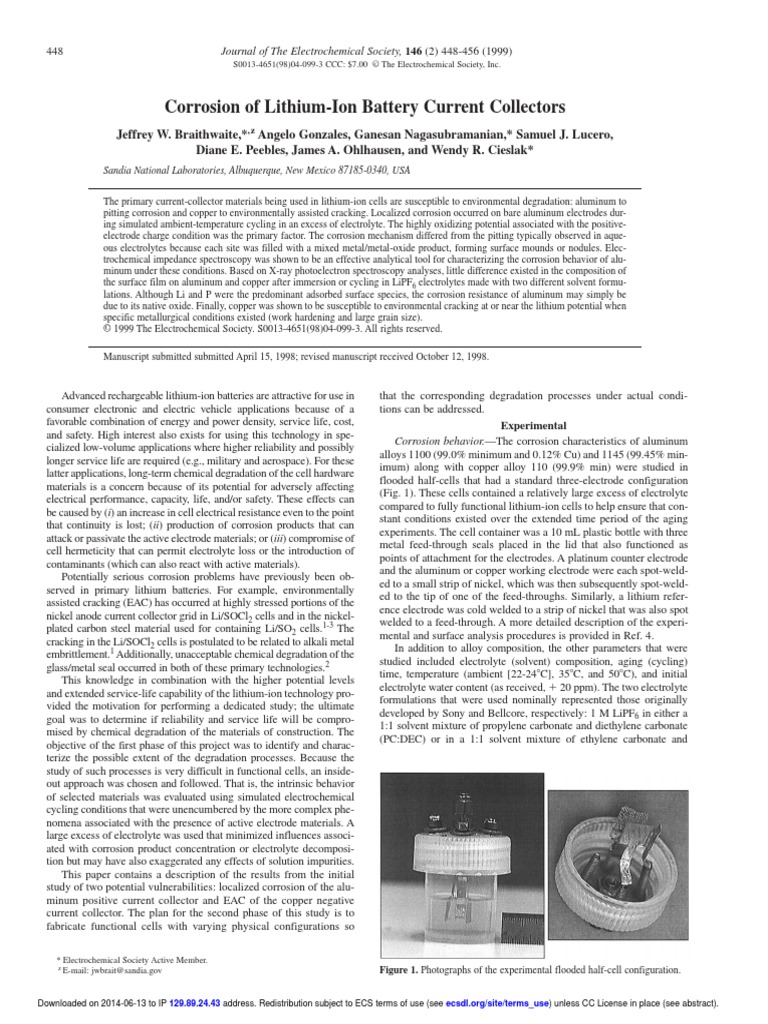 Corrosion of Lithium-Ion Battery Current Collectors | PDF | Corrosion ...
