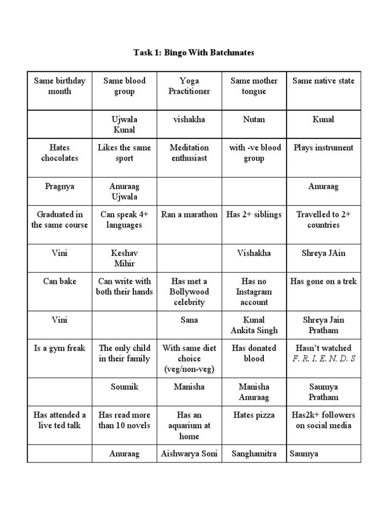 Task 1: Bingo With Batchmates: F. R. I. E. N. D. S | PDF