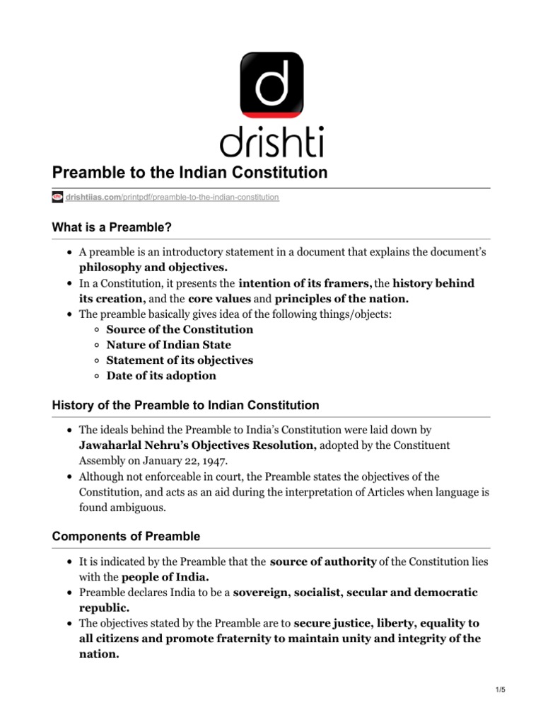 Preamble To The Indian Constitution | PDF | Constitutional Law | Legal ...