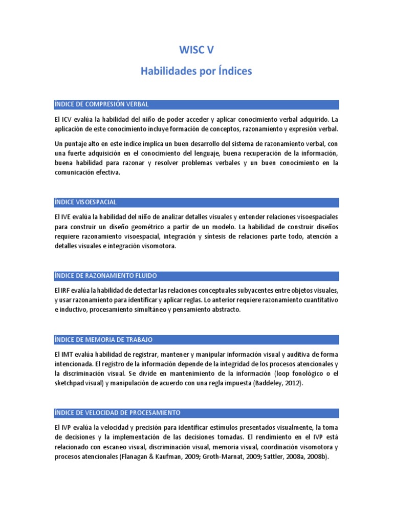 Habilidades-Por-Indices Wisc V | Descargar gratis PDF | Memoria de trabajo | Memoria