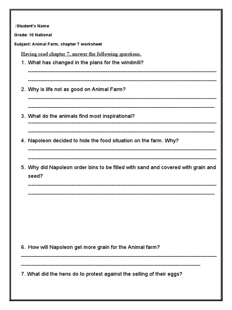 Student's Name: Grade: 10 National Subject: Animal Farm, Chapter 7 ...