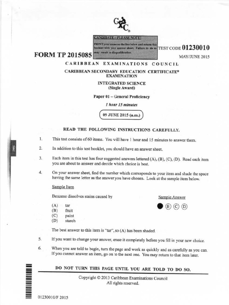CSEC Inti Sci June 2015 P1 | PDF