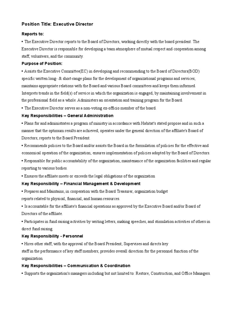 ED Job Description | PDF | Board Of Directors | Executive Director