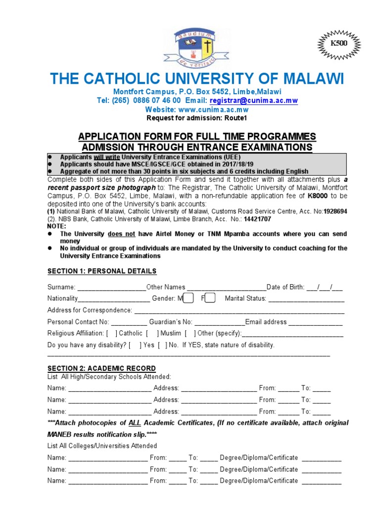 Catholic University Malawi Admission Form | PDF | Diploma | Academic Degree