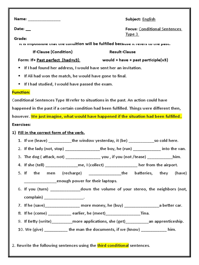 Third Conditional Worksheet | PDF