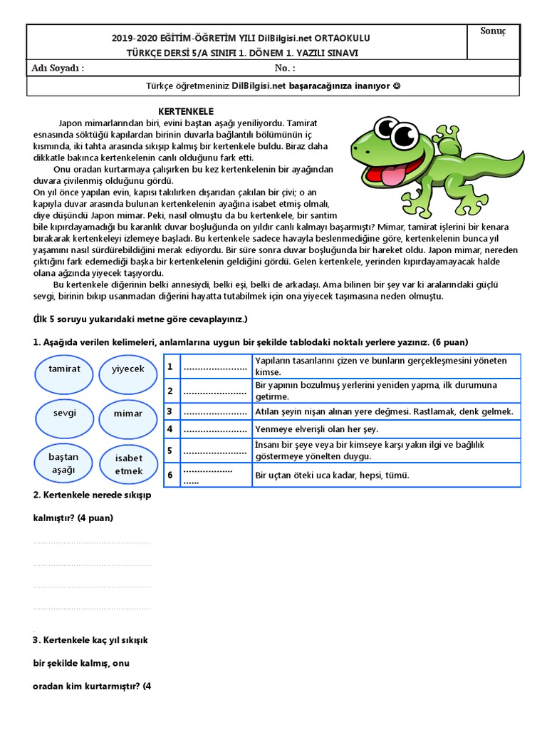 2019 2020 5 Sinif Turkce 1 Donem 1 Yazili | PDF