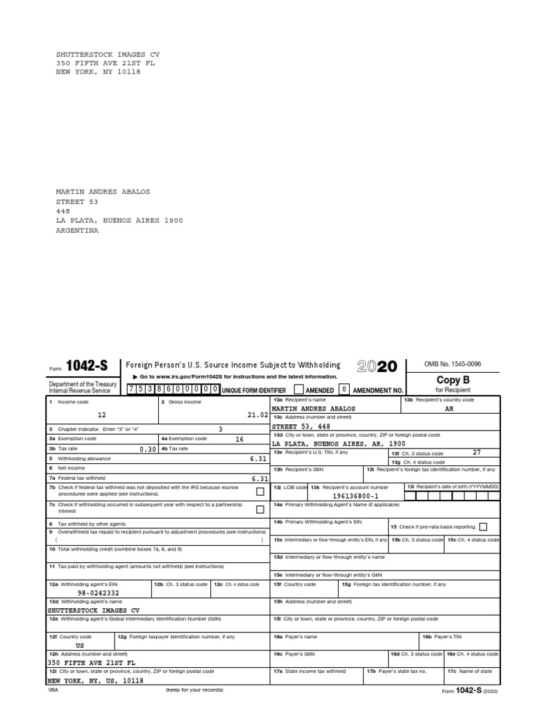 Formulario 1042 S Marzo 2020 | PDF | Withholding Tax | Dividend