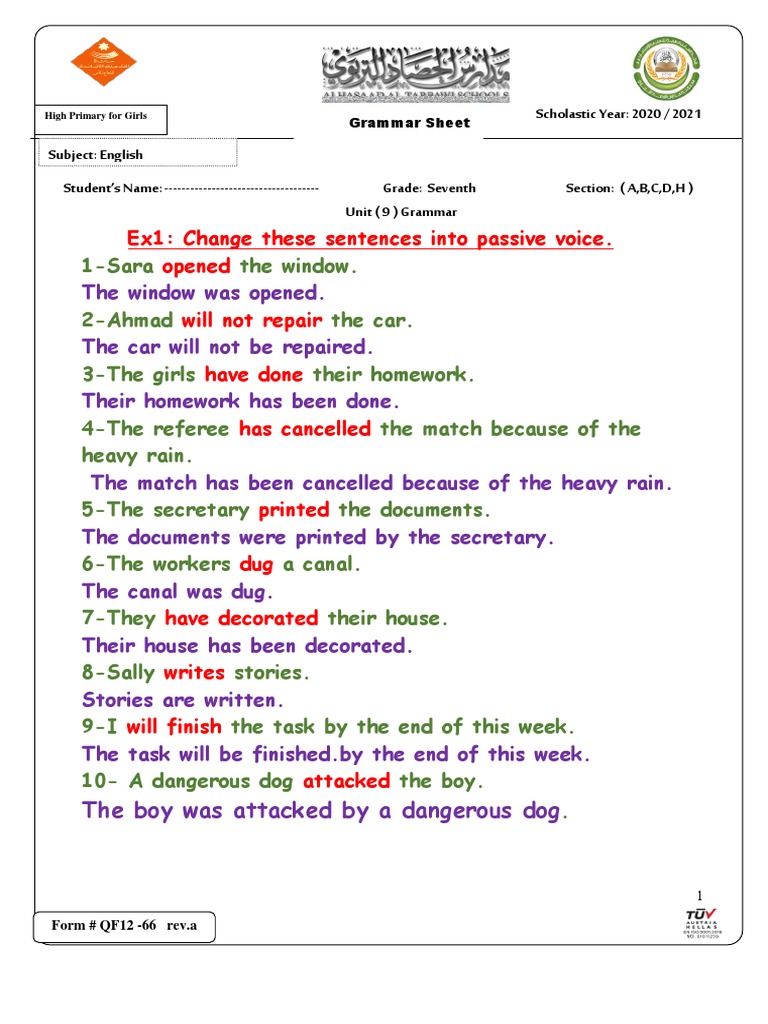 7th Grammar Worksheet Unit 9 Answers PDF | PDF