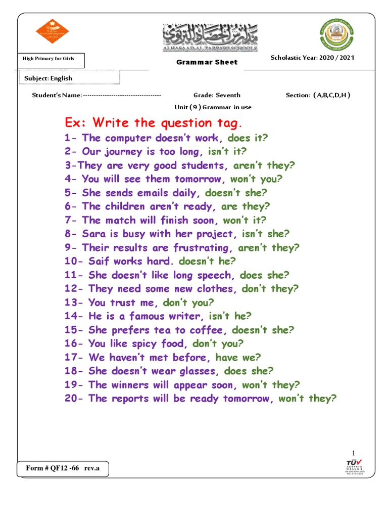 7th Grammar in Use Worksheet Unit 9 Answers PDF | PDF
