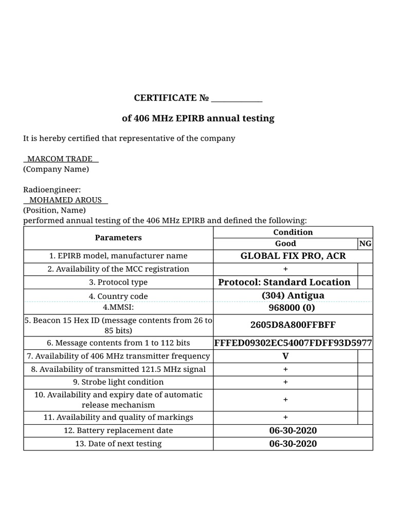 Certificate - of 406 MHZ Epirb Annual Testing: Parameters Condition ...
