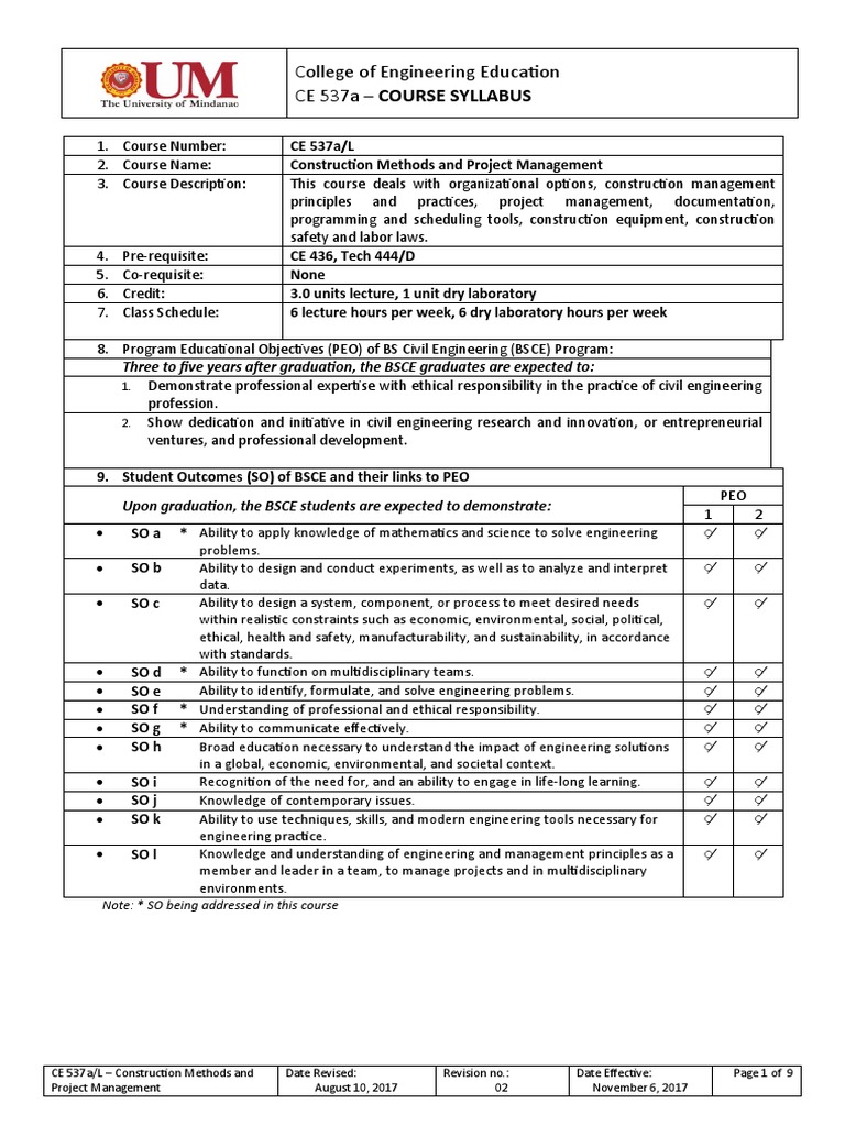 CE 537 Rev 2 (1) SYLLABUS | PDF | Engineering | Project Management