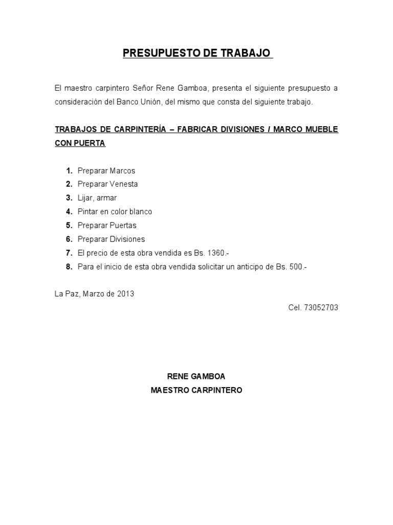 Presupuesto de Carpintería por Rene Gamboa | PDF