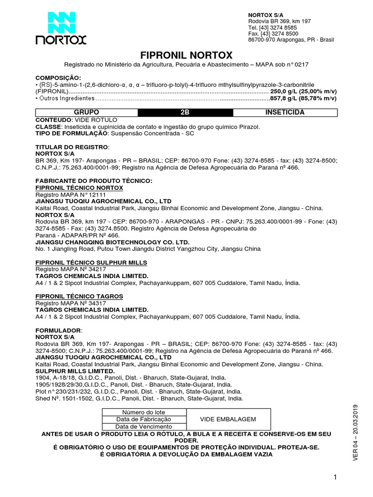 Bula do Inseticida Fipronil Nortox | PDF | Embalagem e rotulagem ...