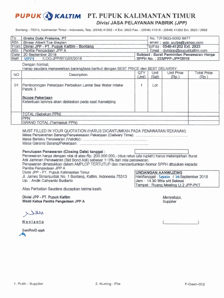 Undangan Aanwijzing SPPH 253-JPP-2018 PT Graha Duta Pratama | PDF