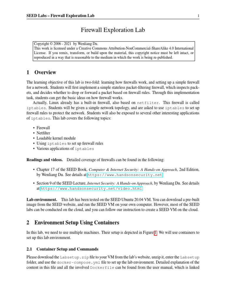 Firewall Exploration Lab 2 1 Container Setup And Commands Pdf Transmission Control Protocol