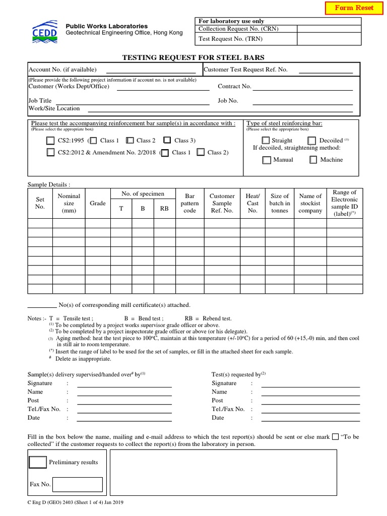 Testing Request For Steel Bars: Public Works Laboratories For ...
