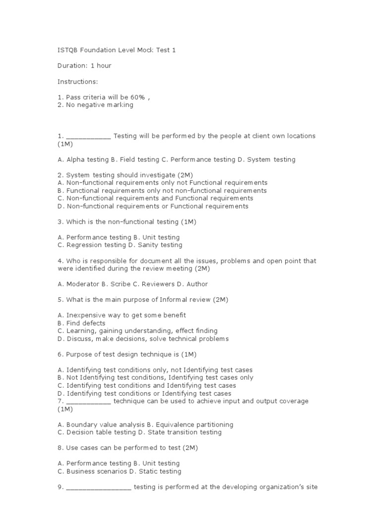 ISTQB Foundation Level Mock Test 1 | PDF | Software Testing | Software Bug