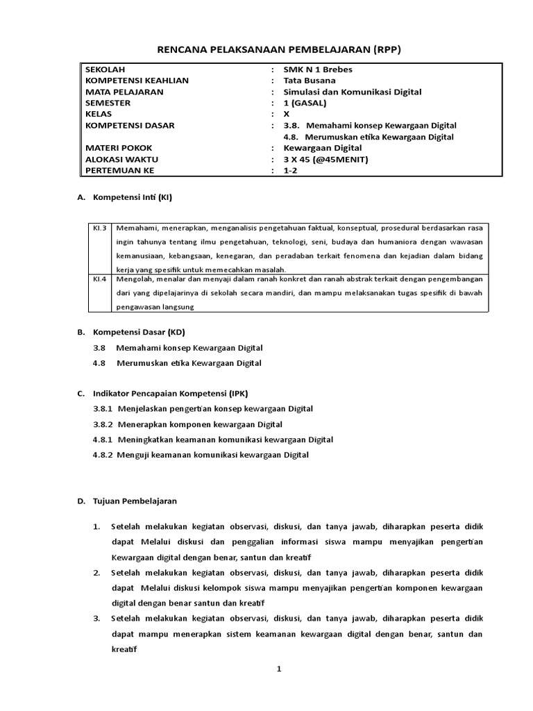 RPP KD 8 - Memahami Konsep Kewargaan Digital | PDF