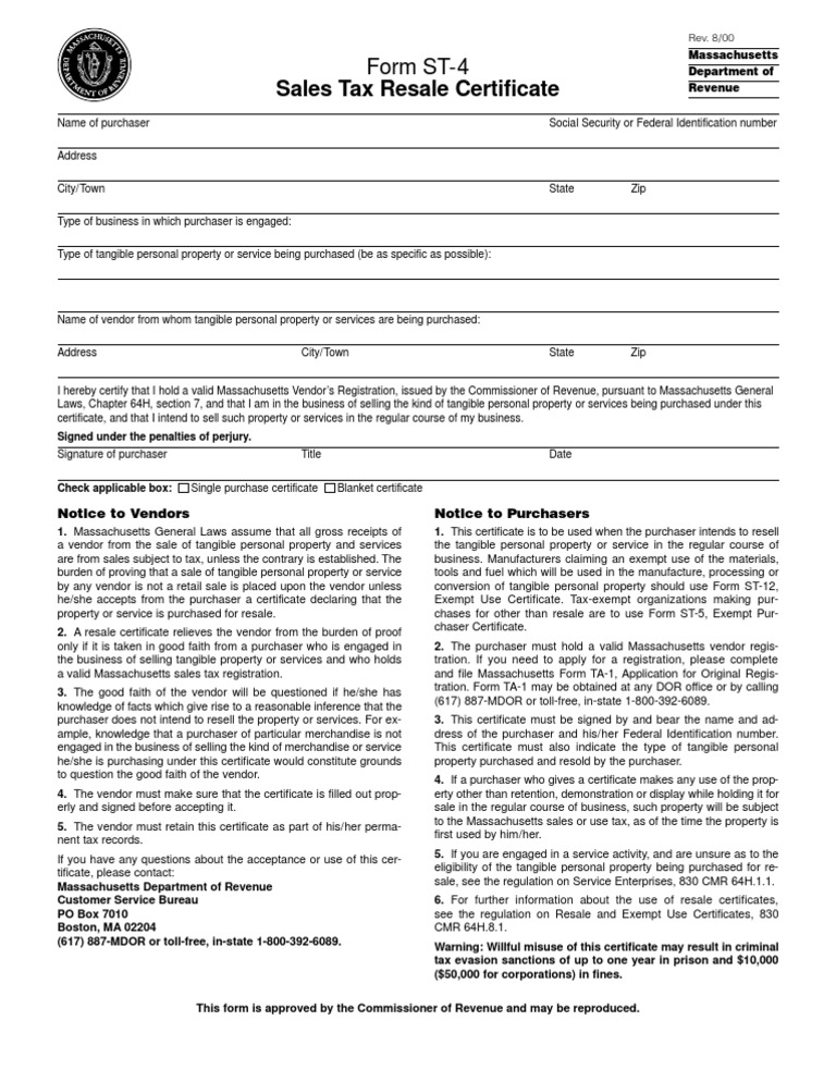 Sales Tax Resale Certificate: Form ST-4 | Tax Exemption | Use Tax