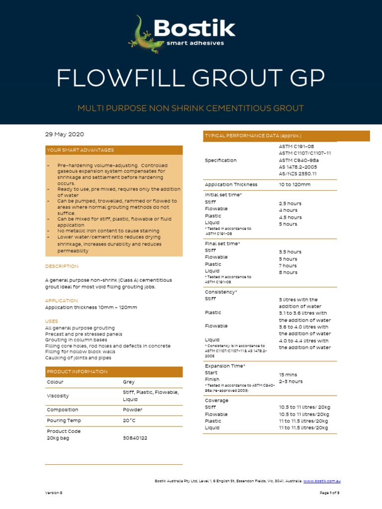 Flowfill Grout GP: Multi Purpose Non Shrink Cementitious Grout | PDF ...