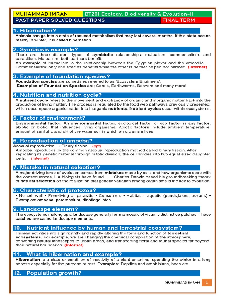BT201 Ecology, Biodiversity & Evolution-II (PAST PAPER SOLVED QUESTIONS ... BT201 Ecology, Biodiversity & Evolution-II (PAST PAPER SOLVED QUESTIONS ...
