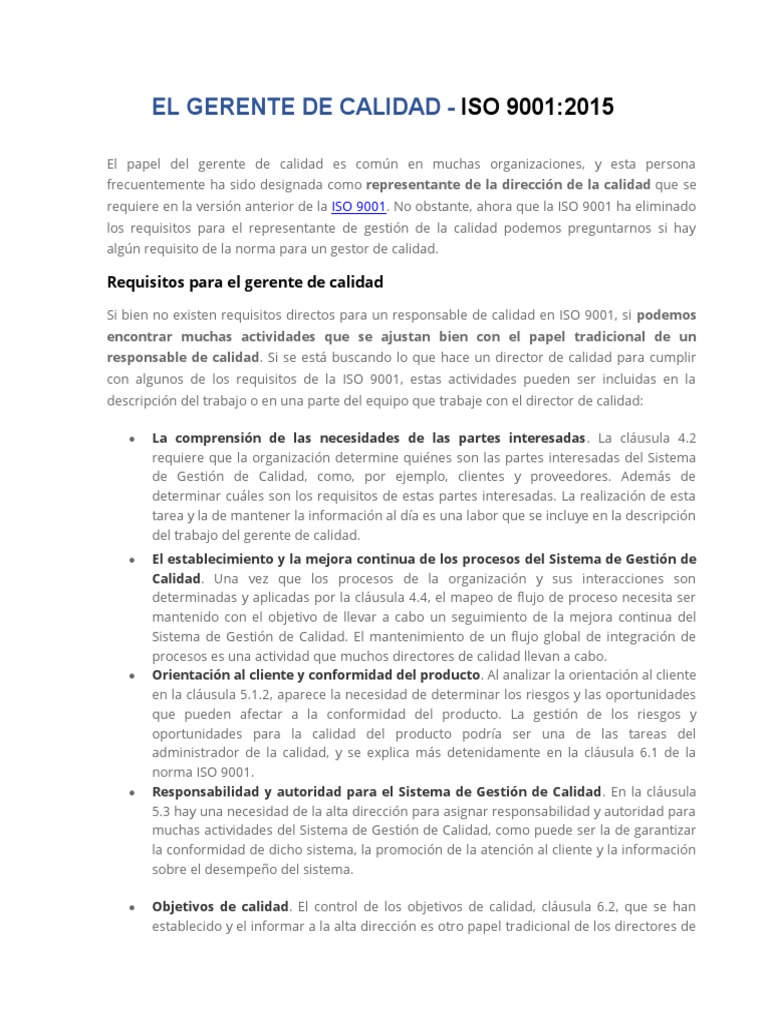 El Gerente de Calidad-Iso 9001-2015 | PDF | Gestión de la calidad ...